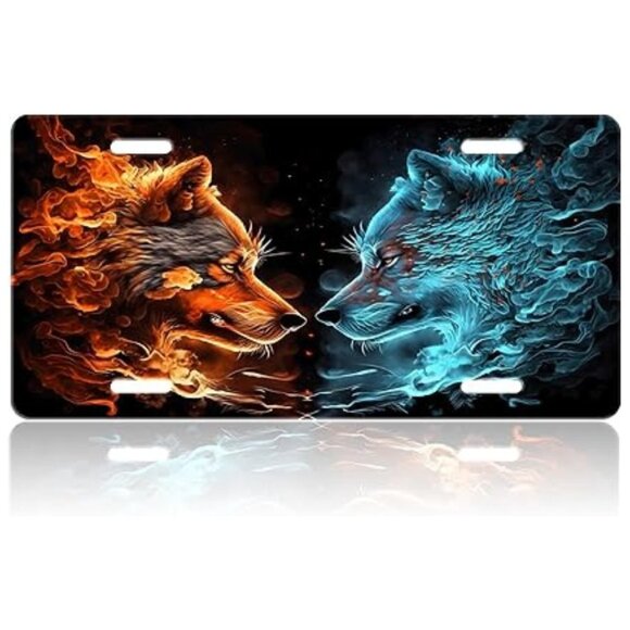 Accents | Blue Flame And Red Flame Wolf License Plate Coverice And Fire ...